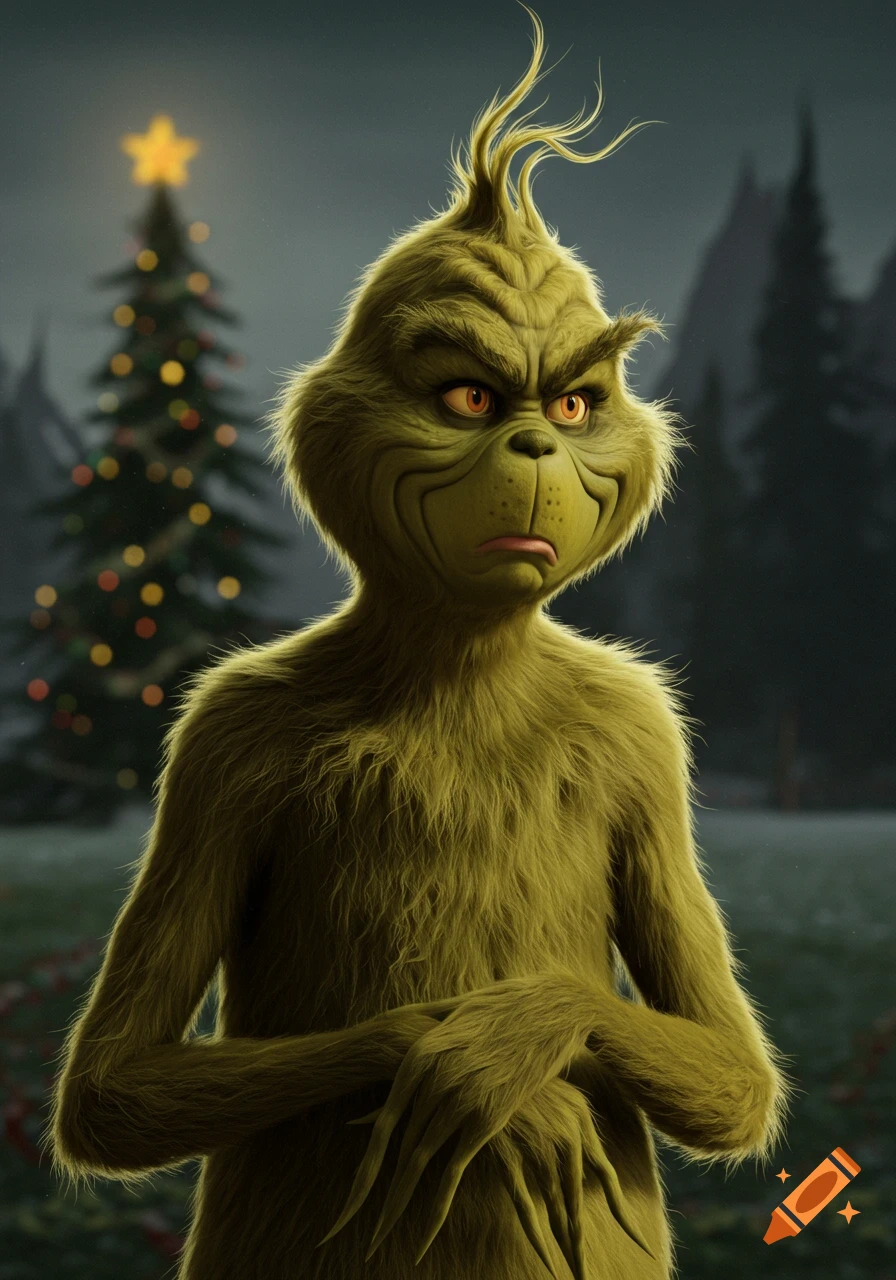 The Grinch standing outdoors with a decorated Christmas tree in the ...