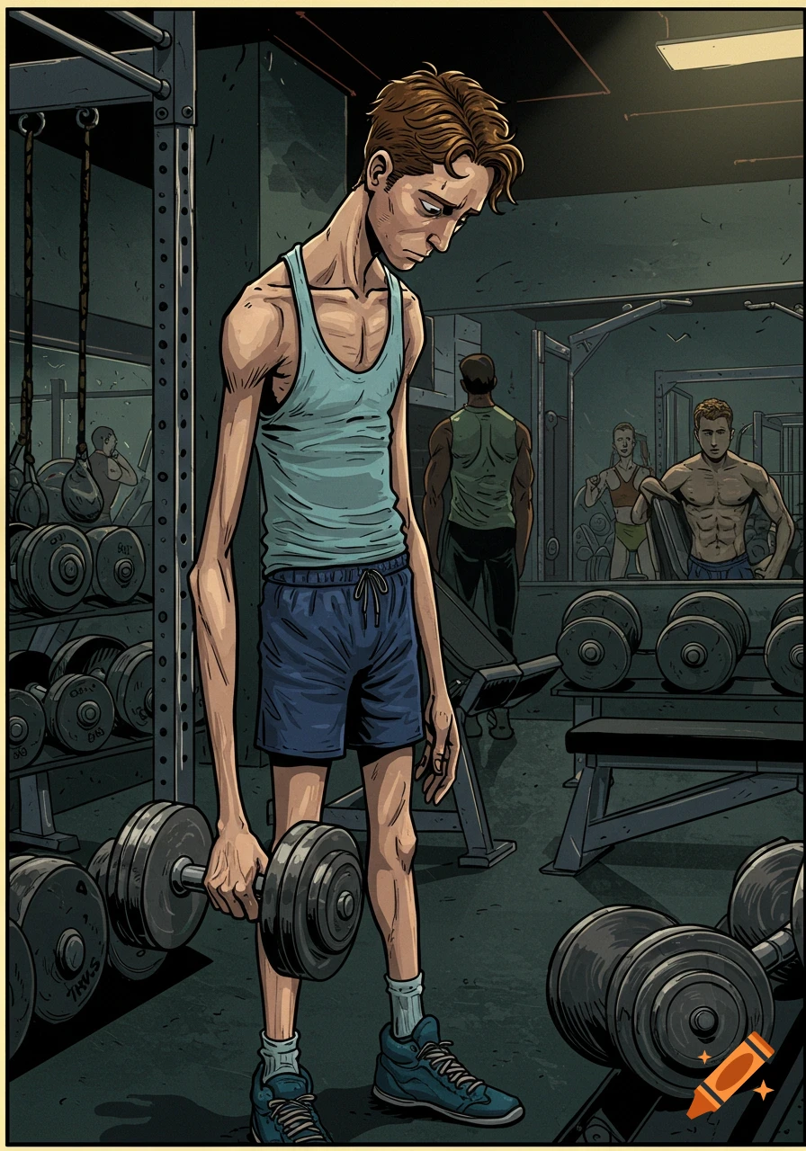 An illustration of a skinny man looking sad and ashamed in a gym ...