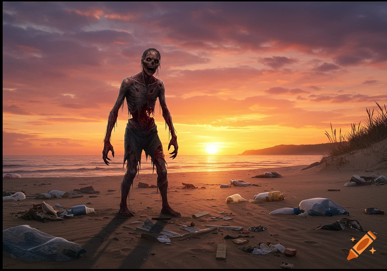 A grotesque zombie stands on a trash-strewn beach as the sun sets over ...