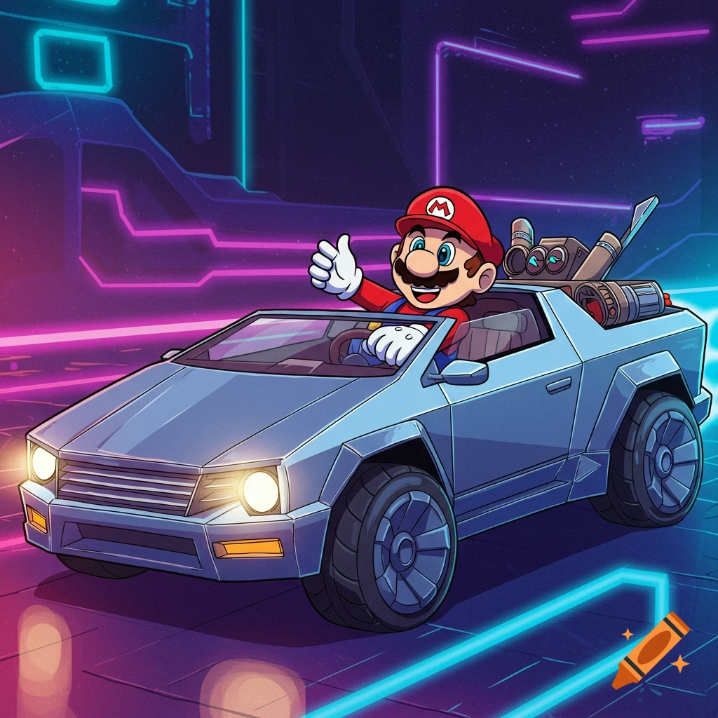 Cartoon Mario giving a thumbs up from a futuristic Cybertruck-style car ...