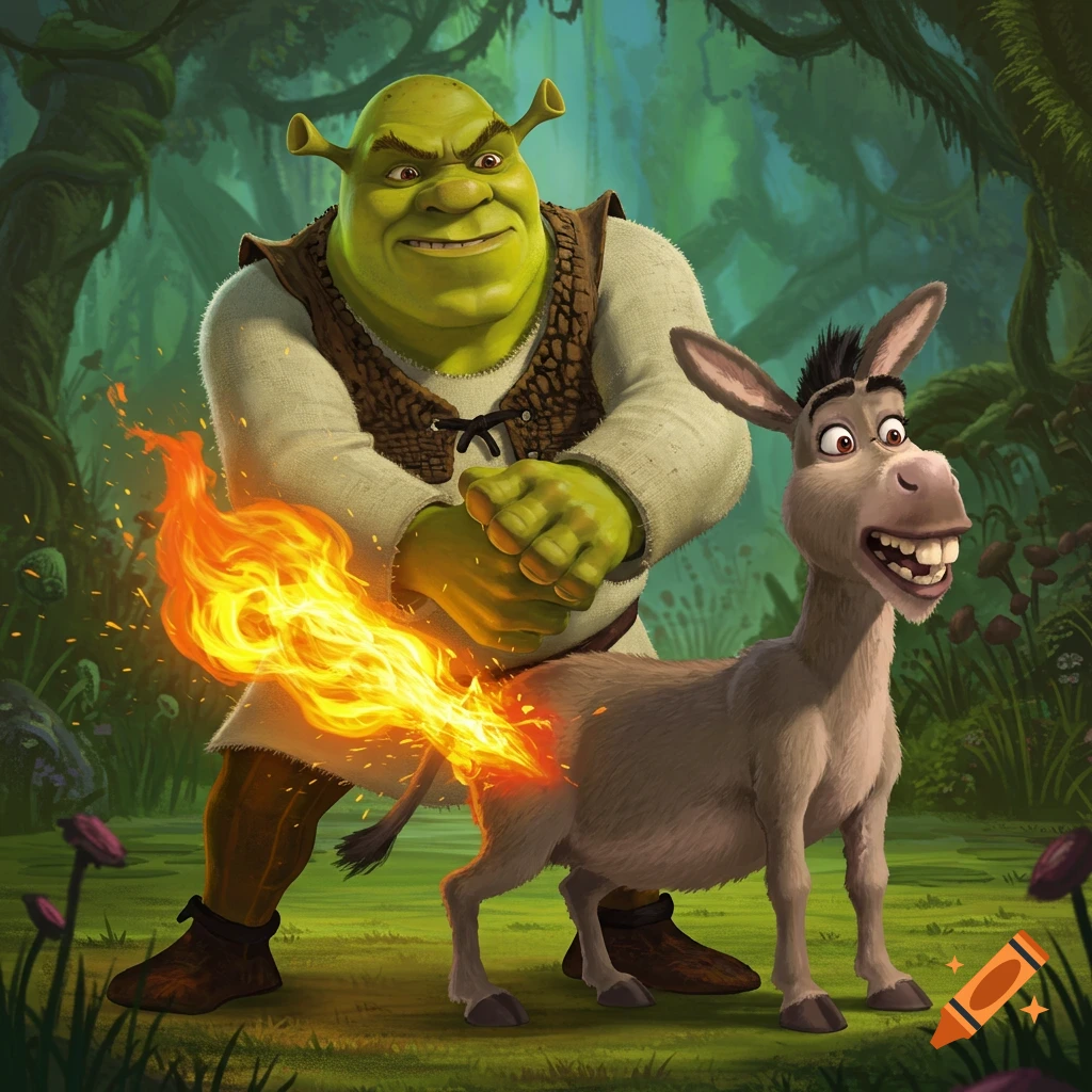 Shrek pushes a large flame from Donkey's backside in a lush forest ...
