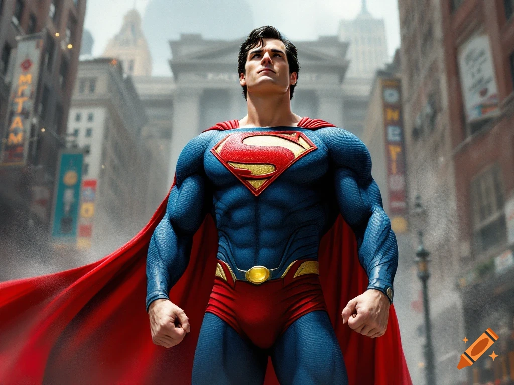 Photorealistic image of Superman standing heroically in his blue and ...