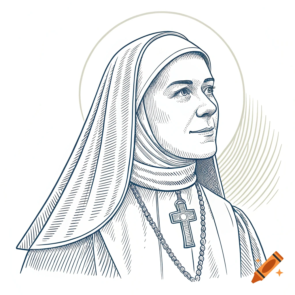 Line drawing portrait of a nun, possibly St. Mary MacKillop, wearing a ...