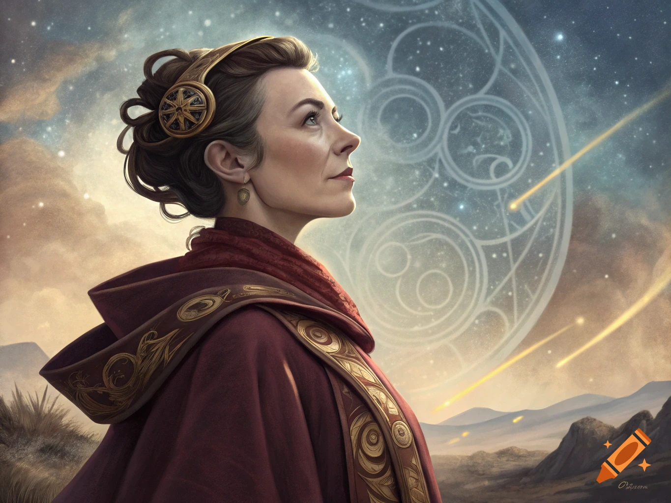 A woman in a red and gold robe with a headpiece looks up at a starry ...