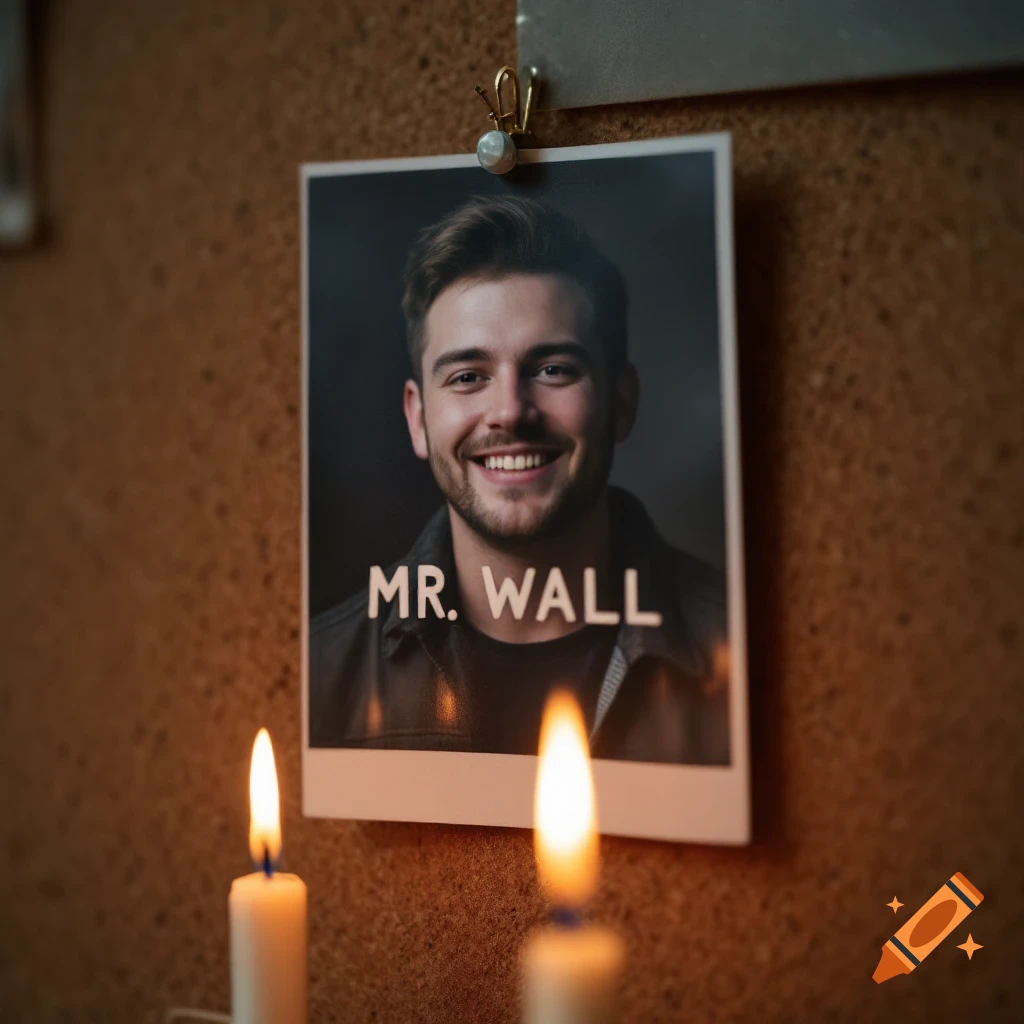 A close-up shot of a photo of a smiling man labeled 'MR. WALL' pinned ...
