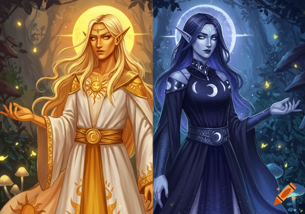 Two fantasy elves, one golden with sun motifs and one blue with moon ...