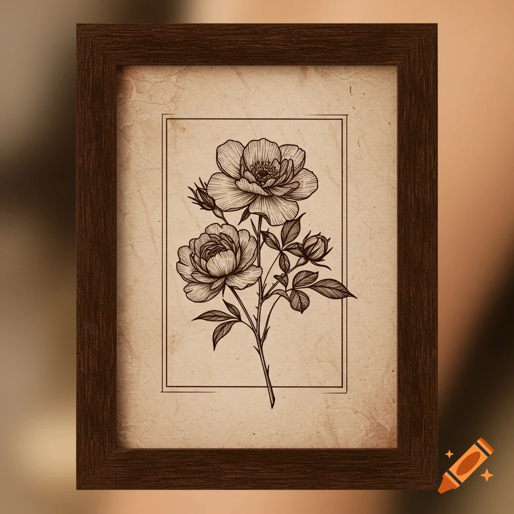 A detailed ink illustration of a rose with buds and leaves on aged ...