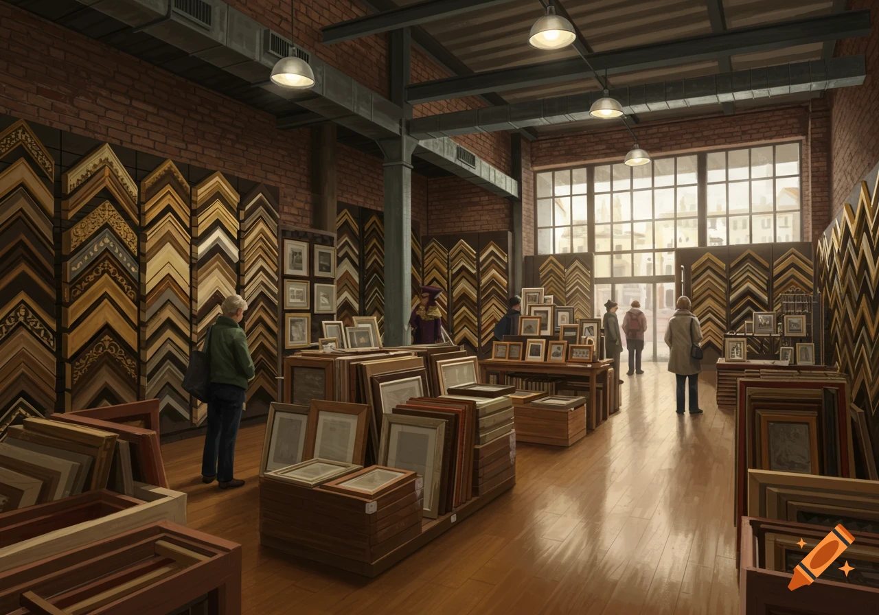 A large, spacious picture frame shop with high ceilings and brick walls ...