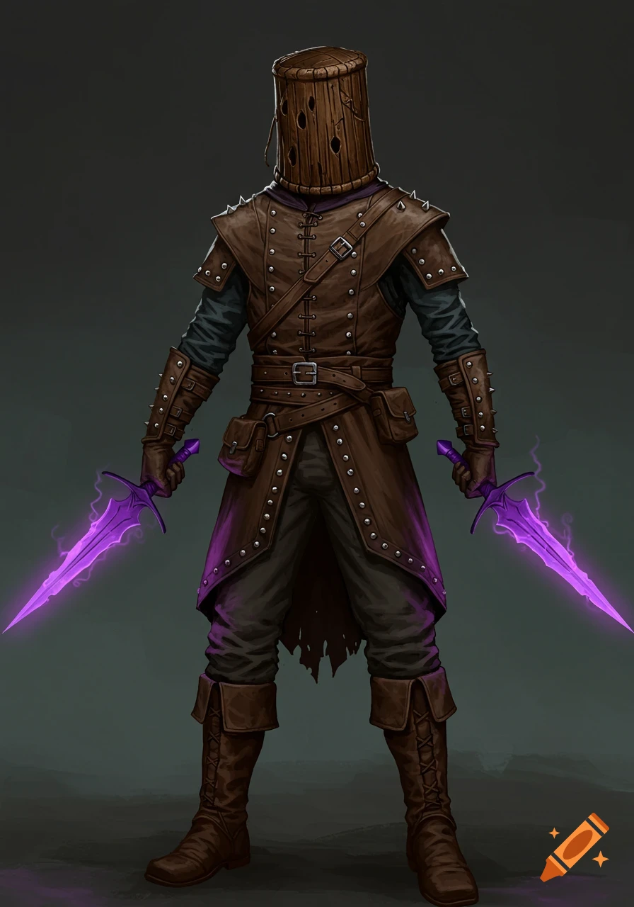 A male fantasy rogue in brown studded leather armor, wearing an ...