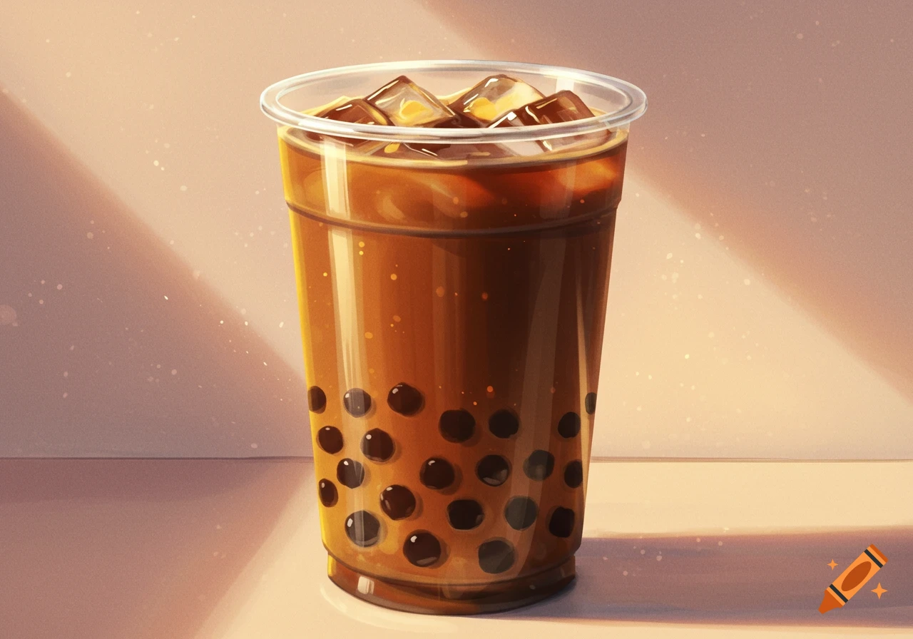 An illustration of a boba tea drink with ice cubes and tapioca pearls ...