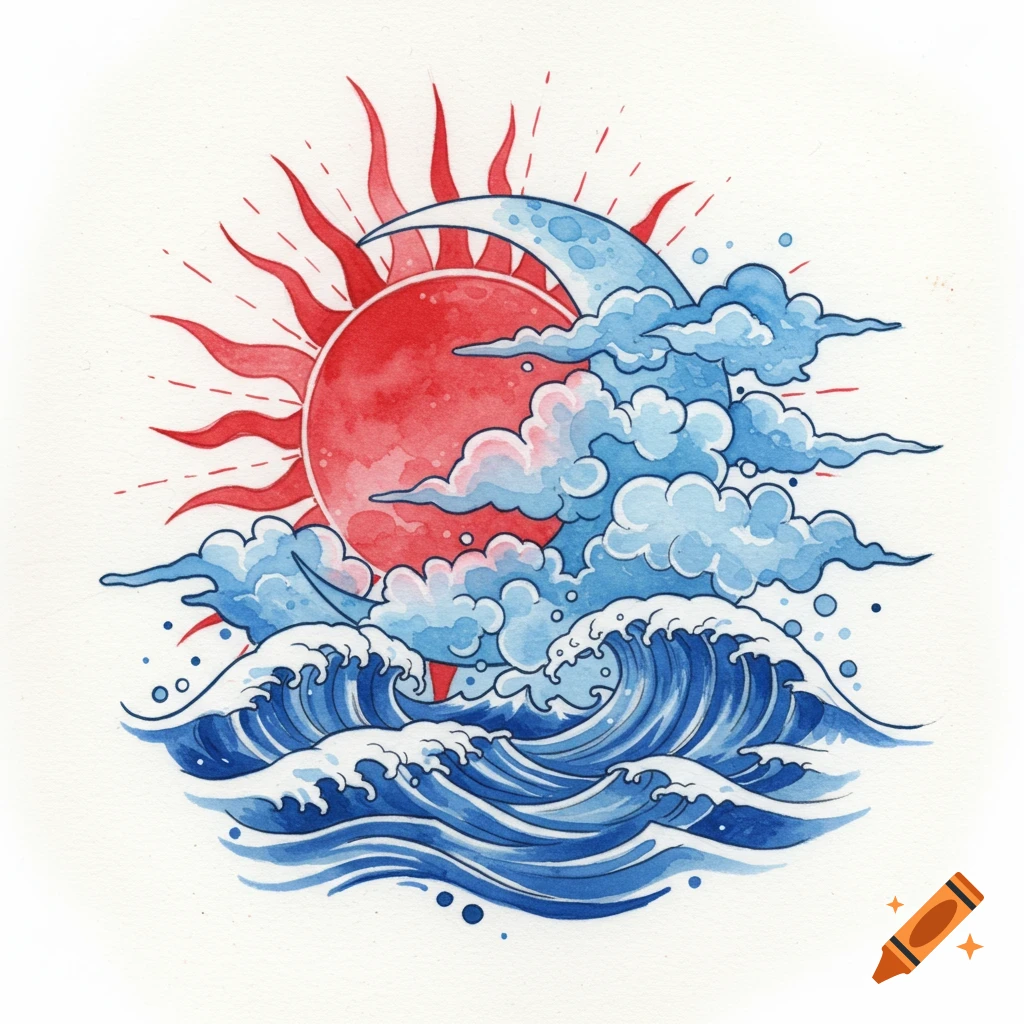 Watercolor illustration of a red sun, blue crescent moon, clouds, and ...