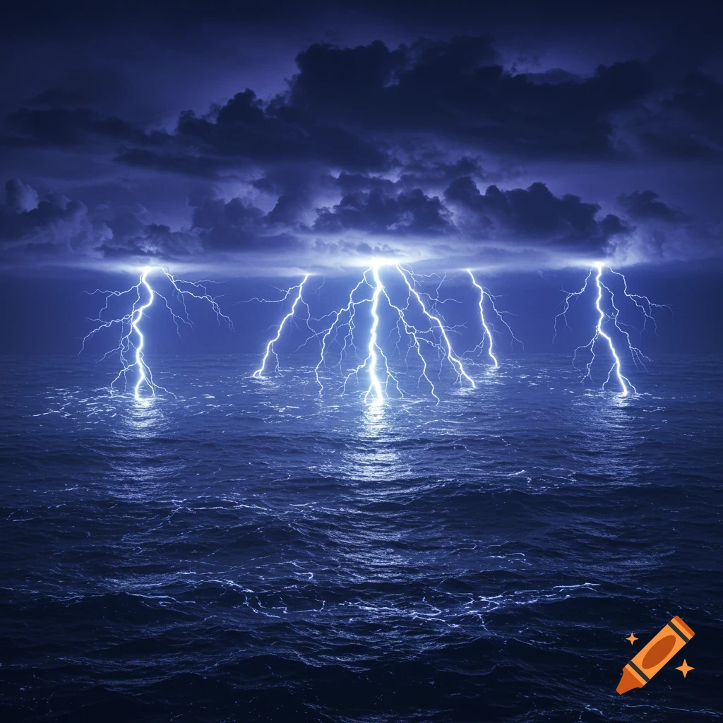 A photorealistic image of a dark, stormy ocean with multiple bright lightning bolts striking the ...