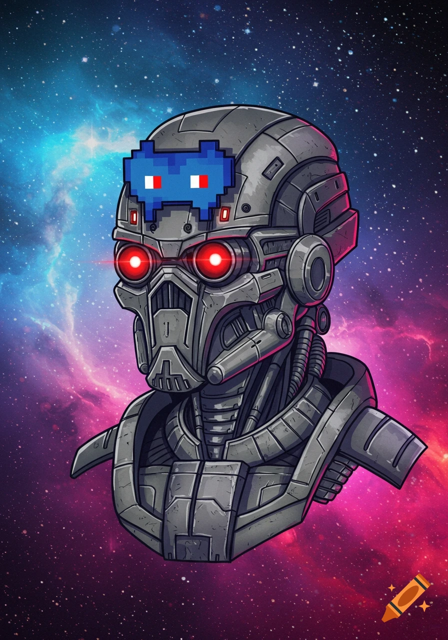 A detailed illustration of a metallic cyborg head with glowing red eyes ...