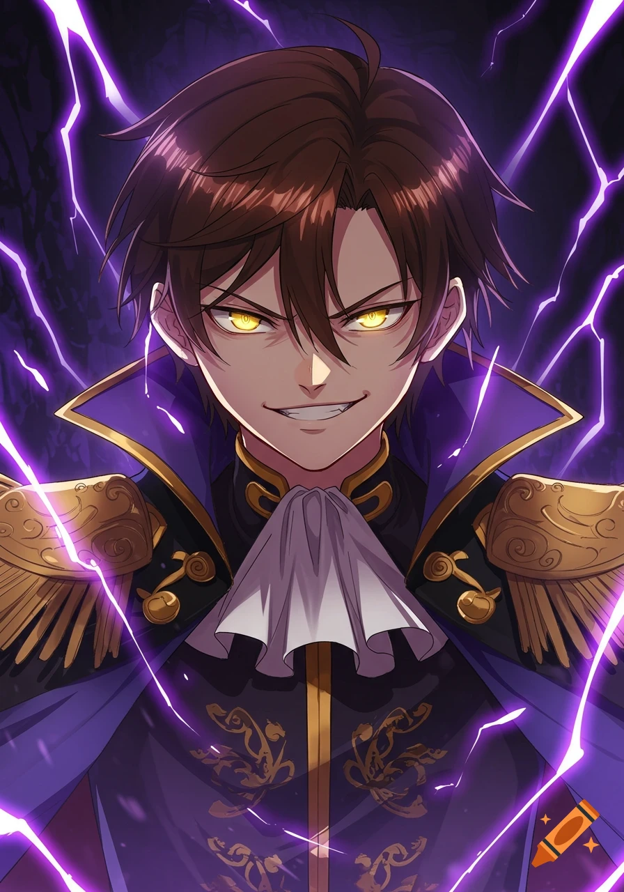 An anime-style illustration of a menacing boy with brown hair and ...