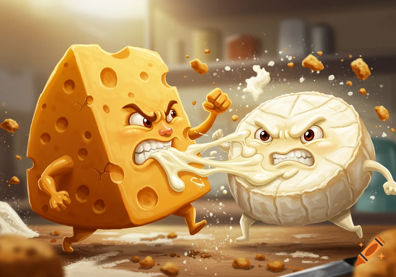 Cartoon illustration depicting an angry wedge of cheese battling a ...