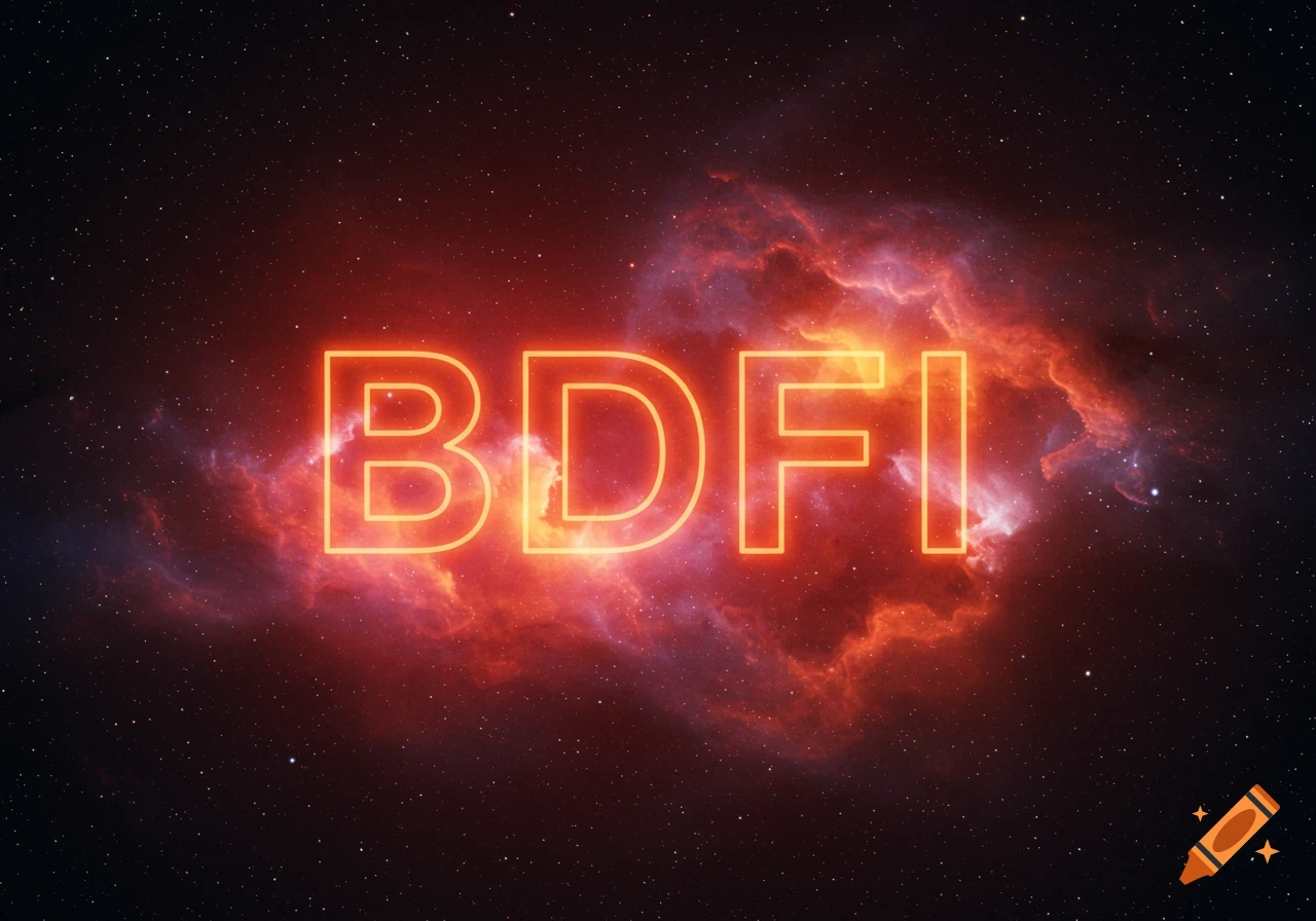 Glowing orange text "BDFI" set against a vibrant red and orange nebula ...