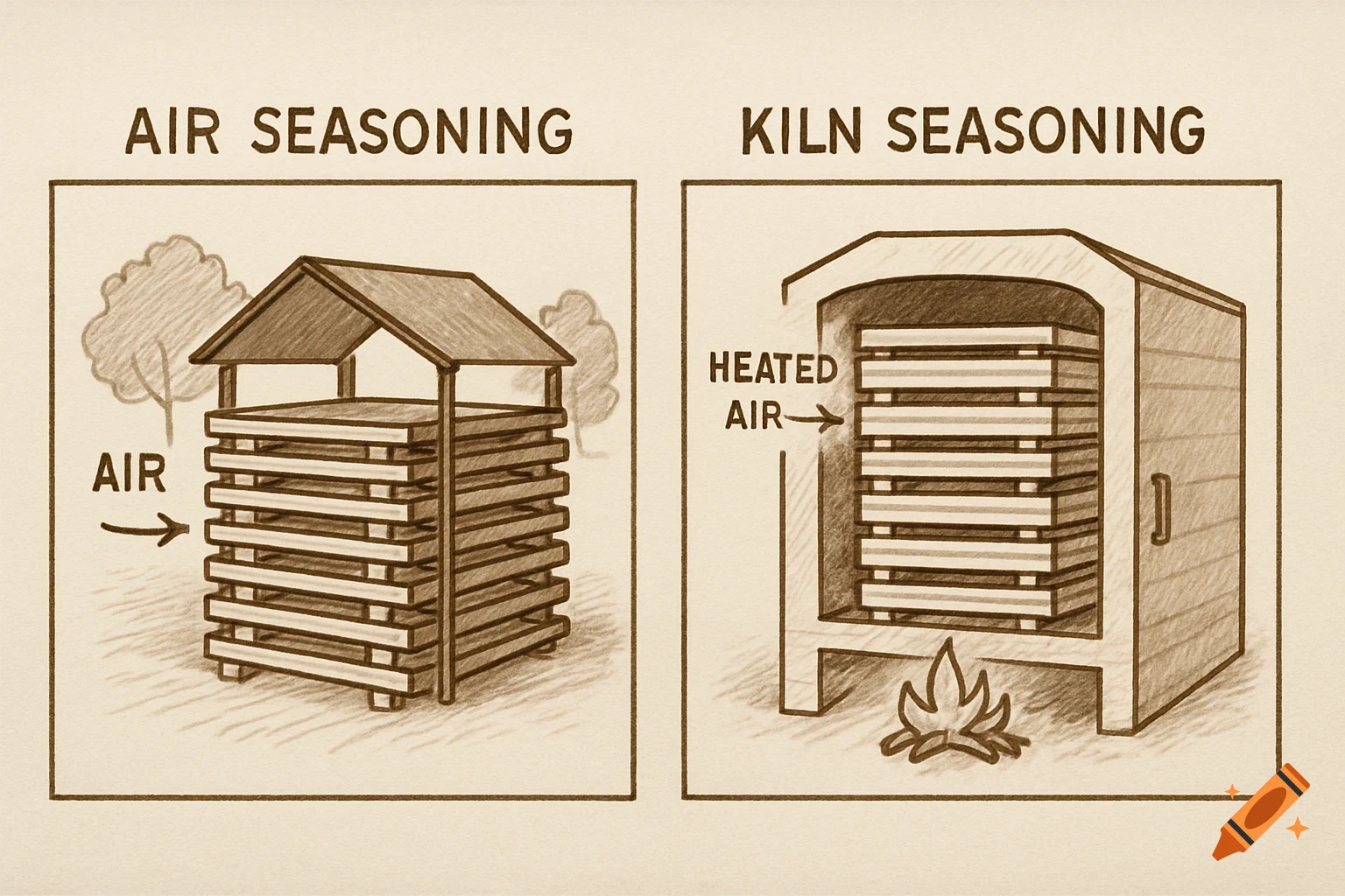 Hand-drawn diagram illustrating air and kiln wood seasoning processes ...