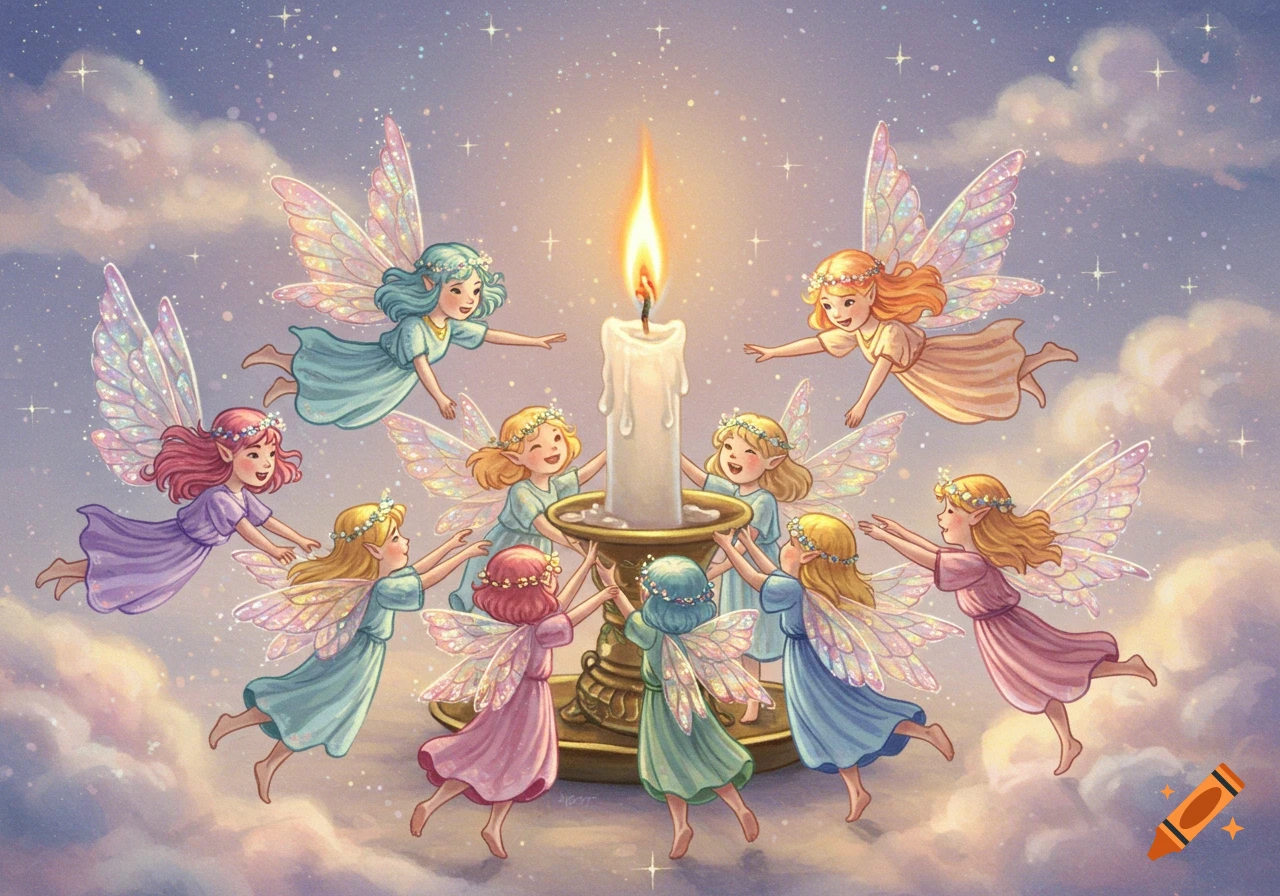 Whimsical illustration of several angel fairies with iridescent wings ...