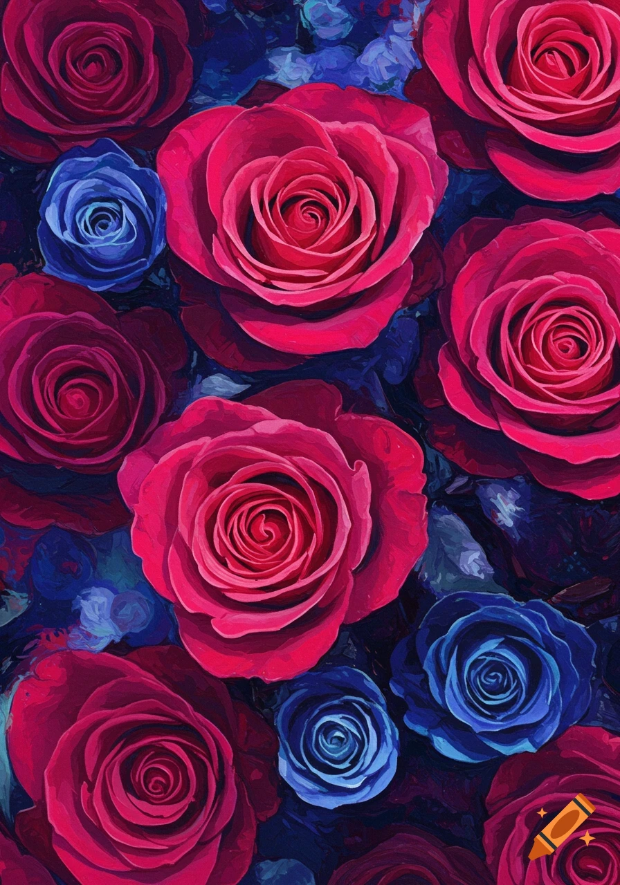A vibrant abstract painting featuring deep red and blue roses filling ...