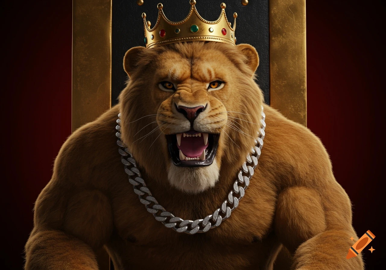 A hyperrealistic, muscular lion with an angry expression, wearing a ...