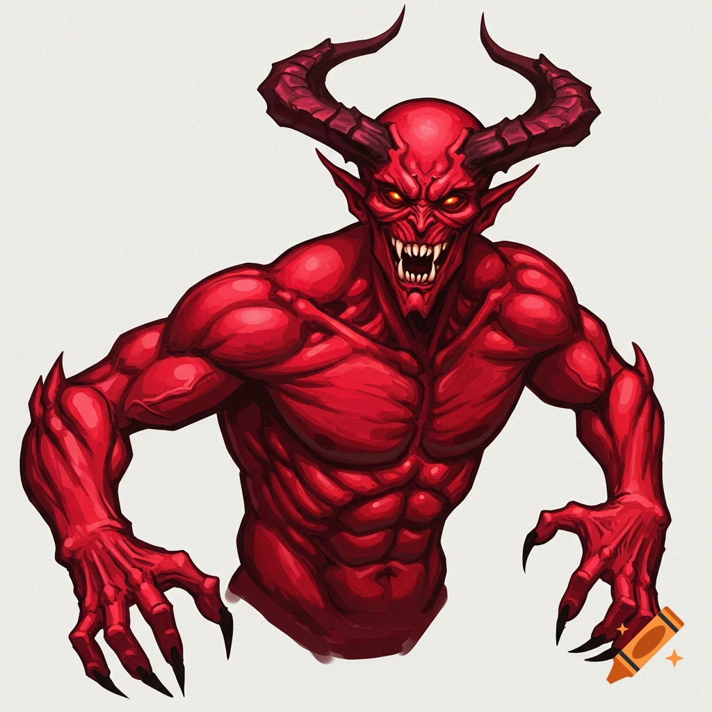 A menacing red demon with large horns, glowing eyes, sharp teeth, and clawed hands, depicted ...