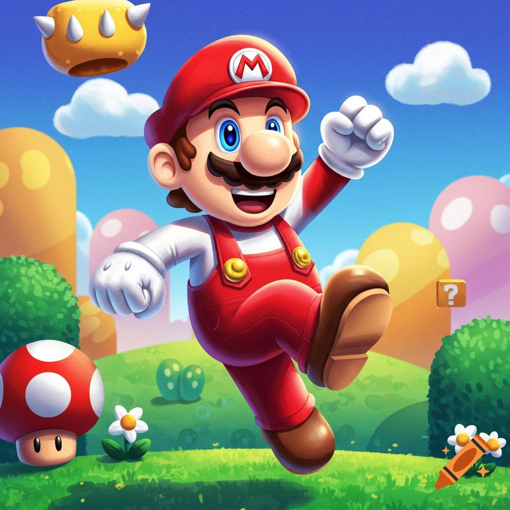 Stylized image of Mario jumping in a colorful, cartoon-like landscape ...