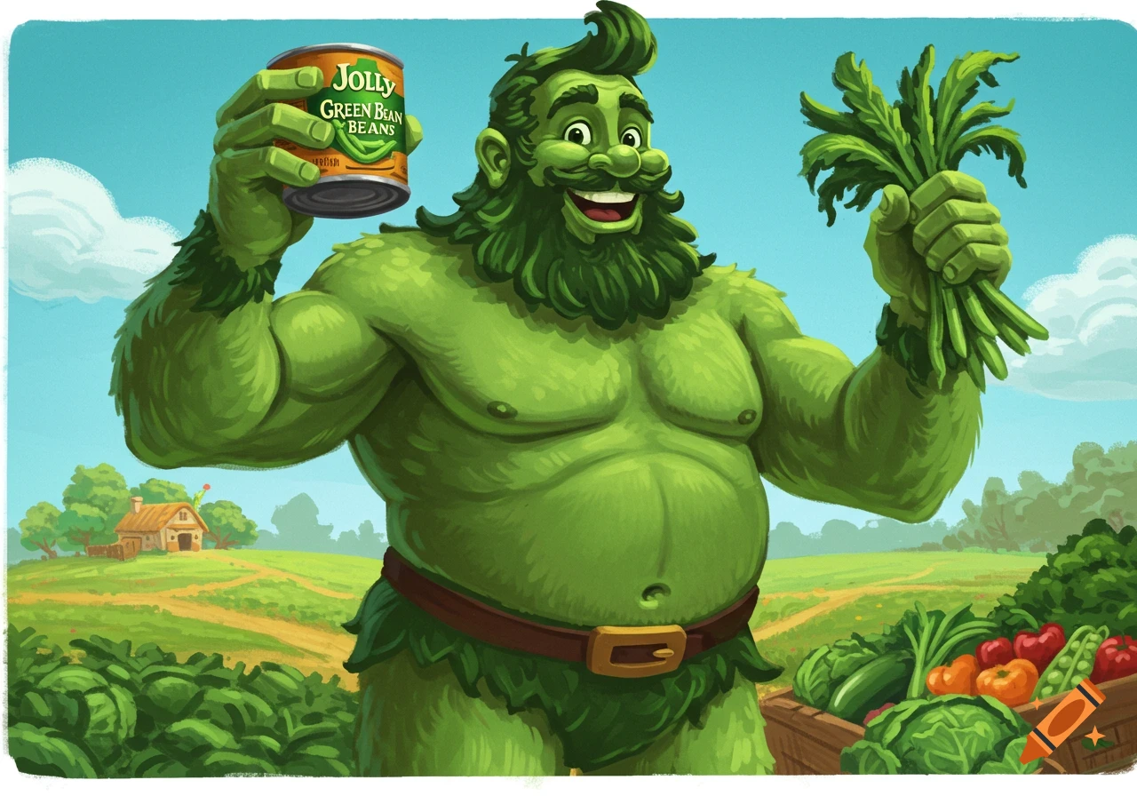 A muscular, happy green giant with a leafy beard stands in a field ...