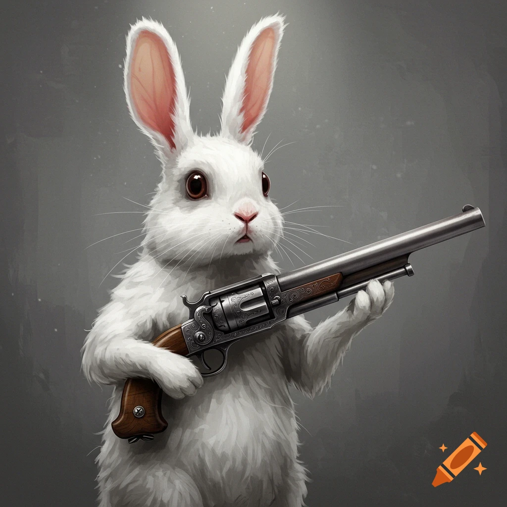 A white rabbit with large ears holds a long revolver, depicted in an ...