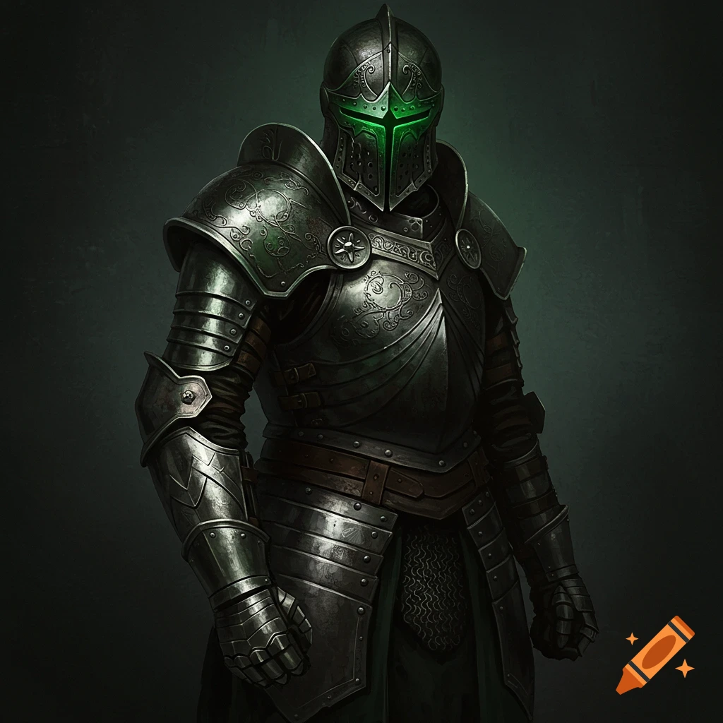 A dark knight in ornate medieval armor with a glowing green visor. on ...