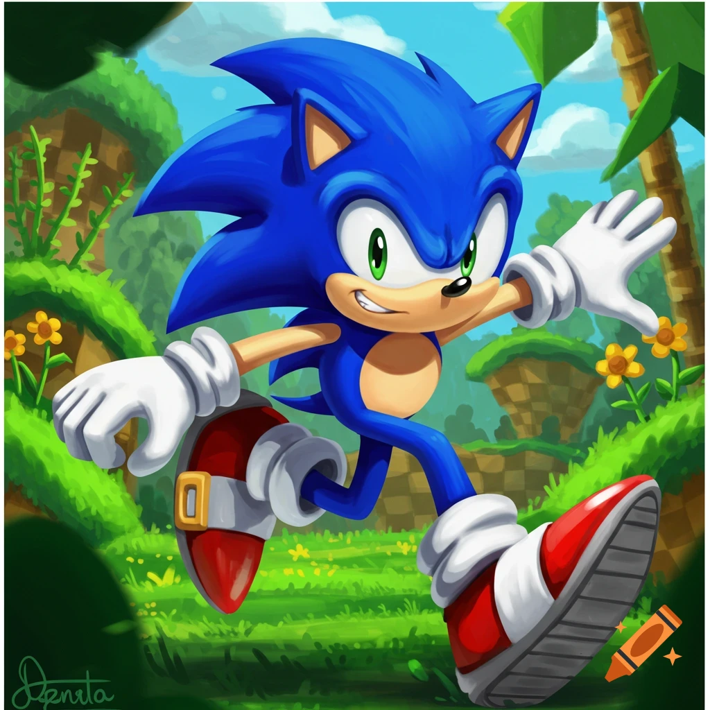Blue Sonic the Hedgehog runs through a vibrant green landscape with ...