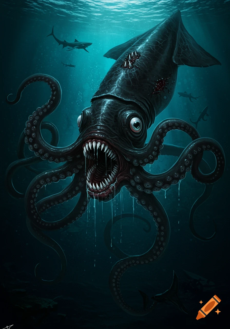 A dark, menacing giant squid or kraken with sharp teeth and large eyes ...