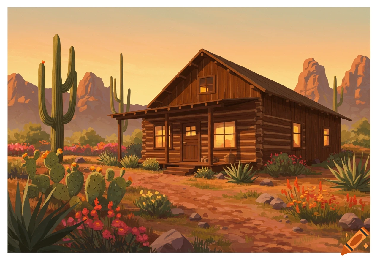 Rustic log cabin at sunset in a vibrant desert landscape with saguaro ...