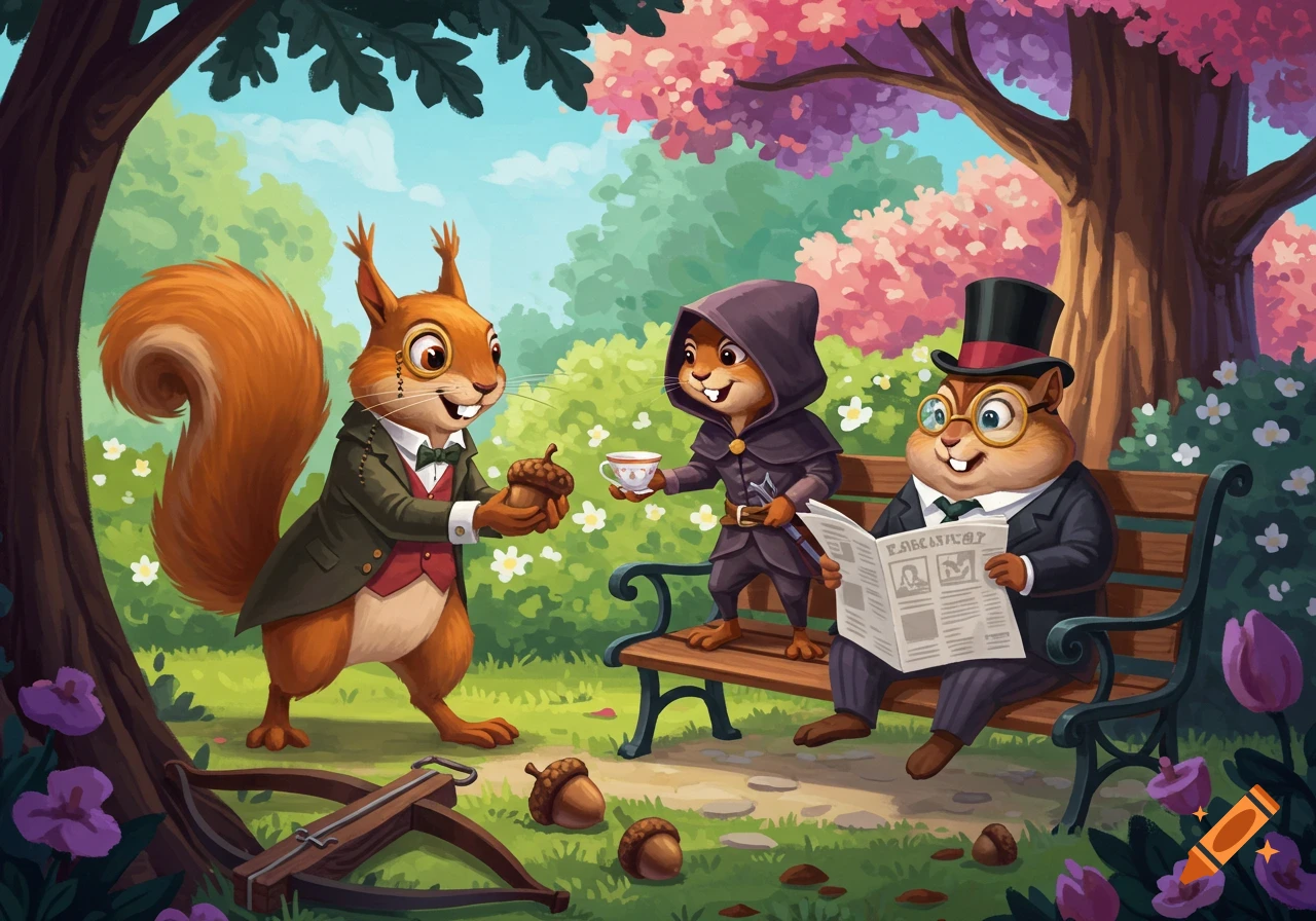 Three anthropomorphic squirrels in a whimsical park scene. One in a ...