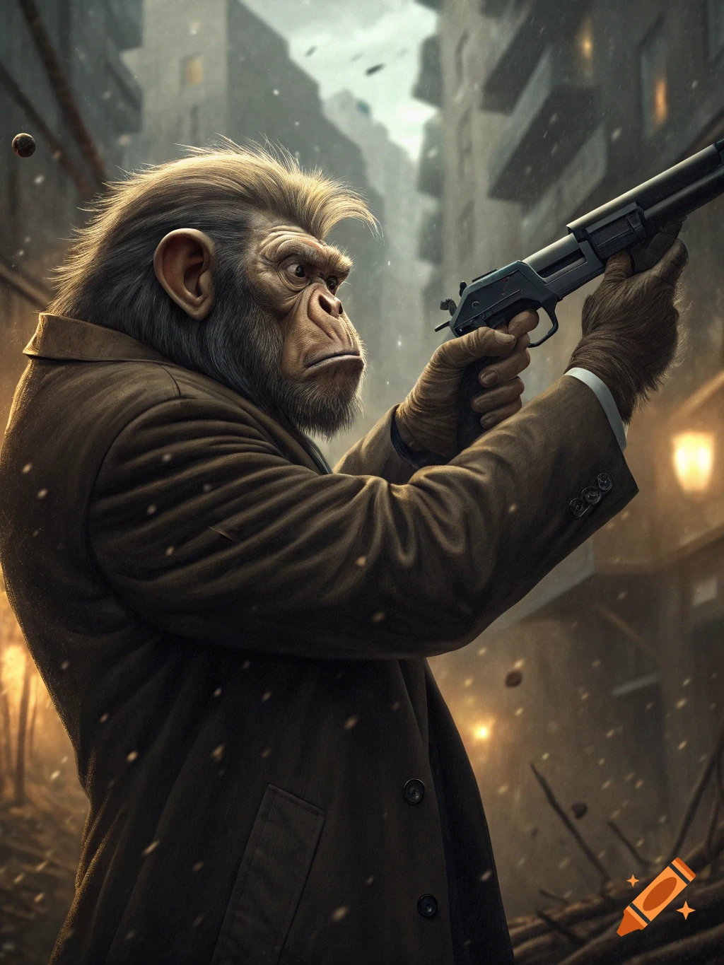 A serious chimpanzee in a brown trench coat aims a shotgun in a dark ...