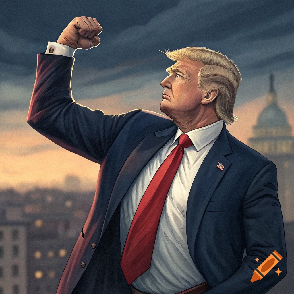 Illustrated image of Donald Trump flexing his arm, set against a city ...