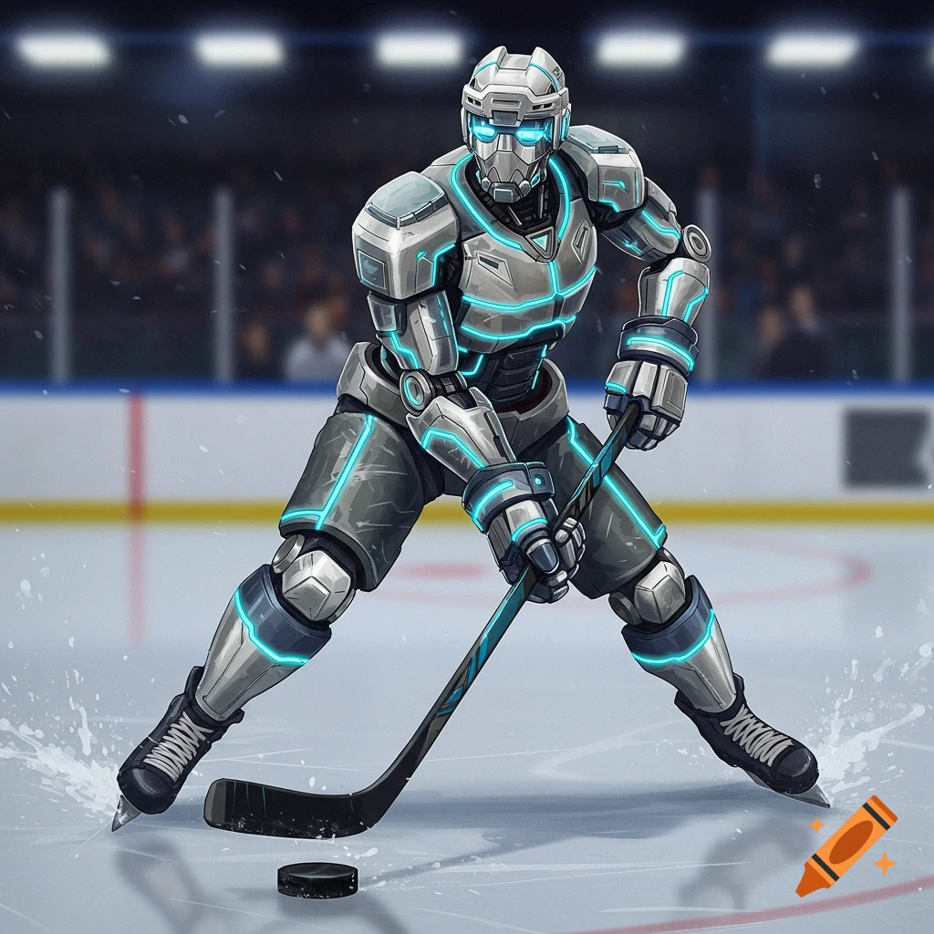 A futuristic robot hockey player in metallic armor and glowing blue ...