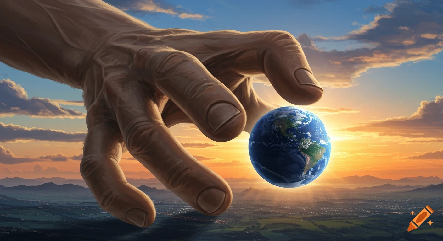 A colossal hand reaches towards planet Earth under a dramatic sunset ...