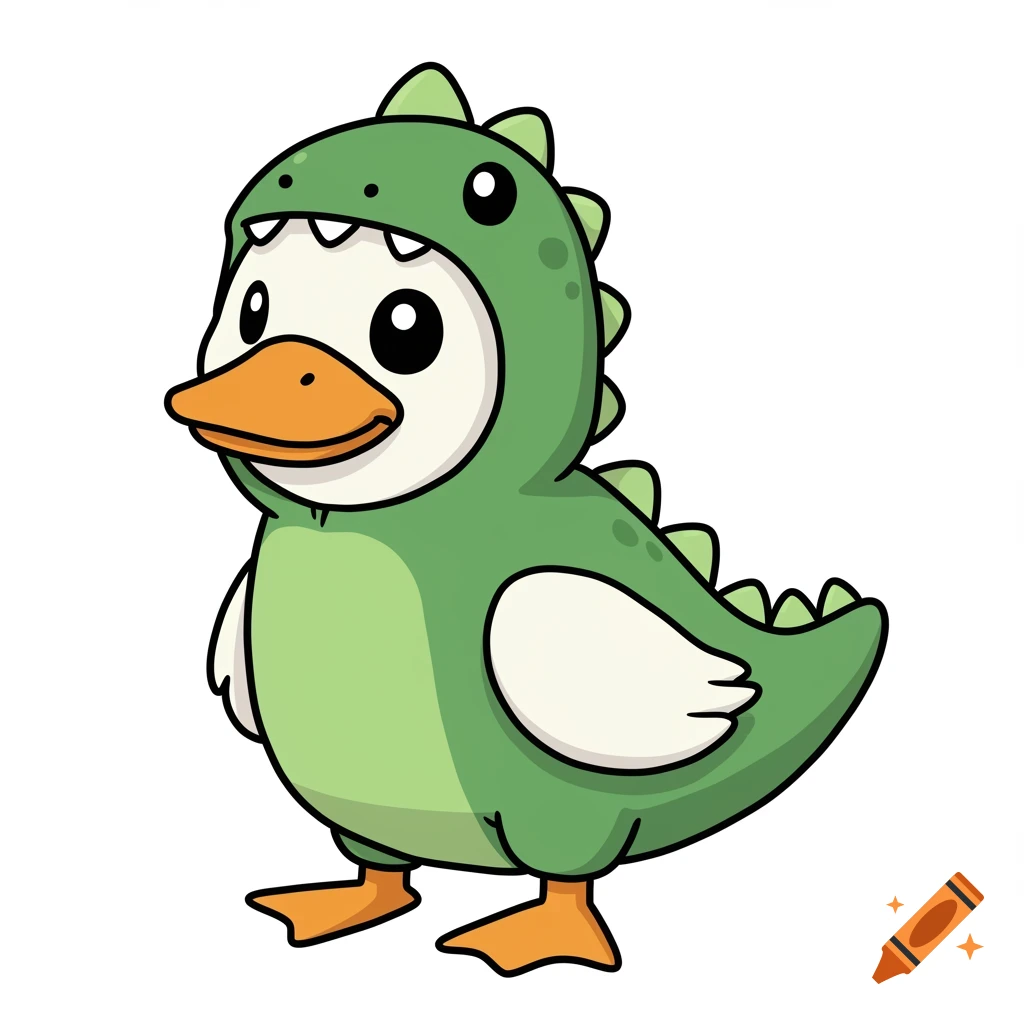 A cute cartoon white duck dressed in a green dinosaur costume. on Craiyon
