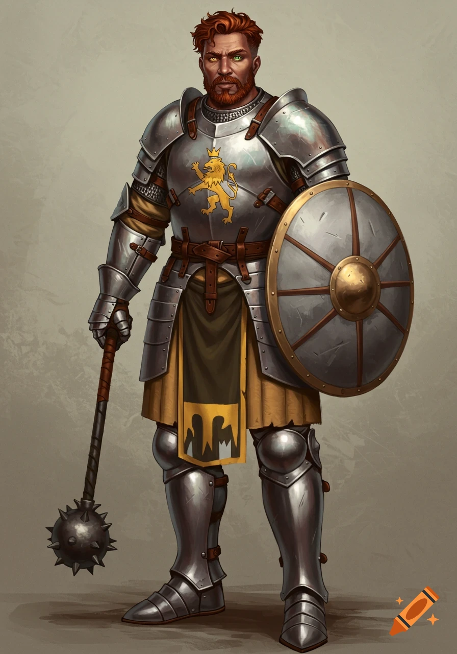 A red-haired knight with a beard and heterochromatic eyes stands in ...