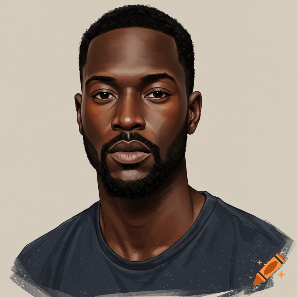 A close-up portrait of a Black man with a goatee wearing a dark t-shirt ...