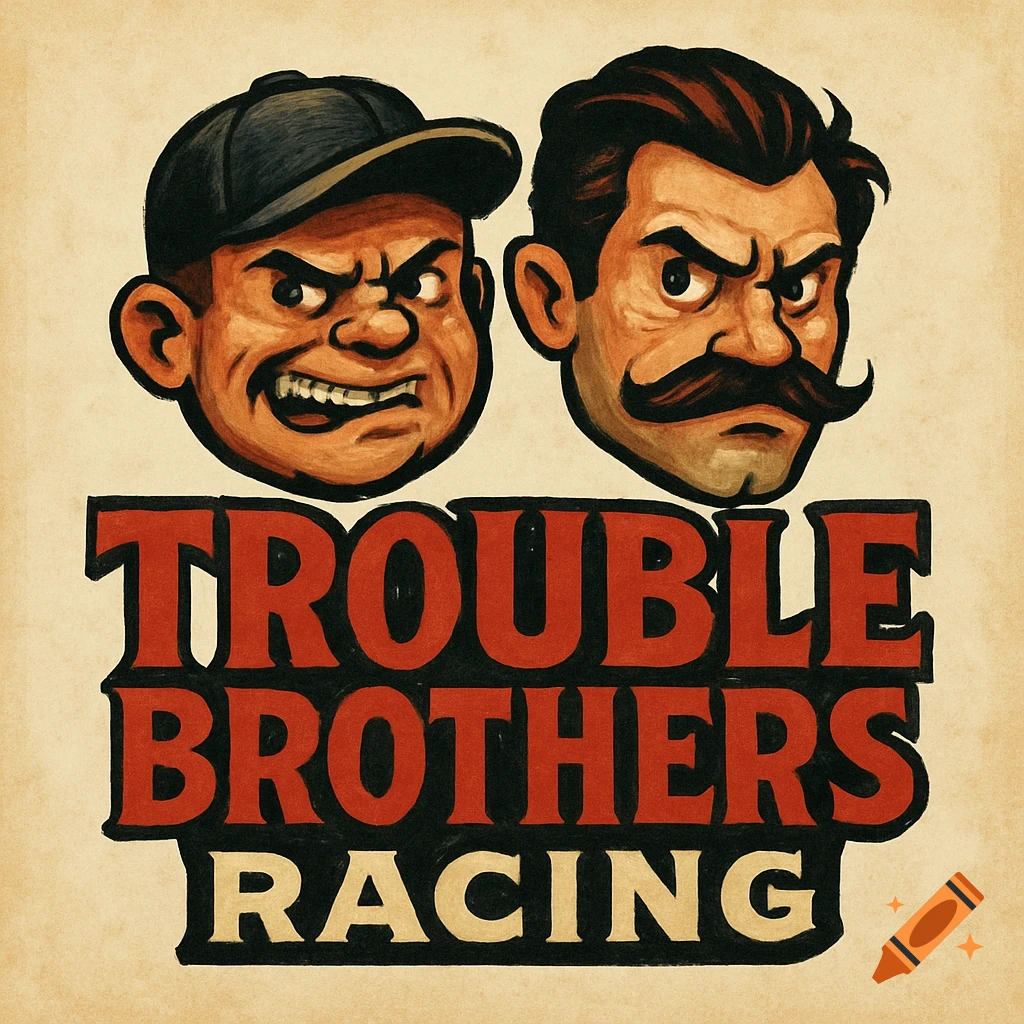 Cartoon logo with two angry male faces above the words 'Trouble ...