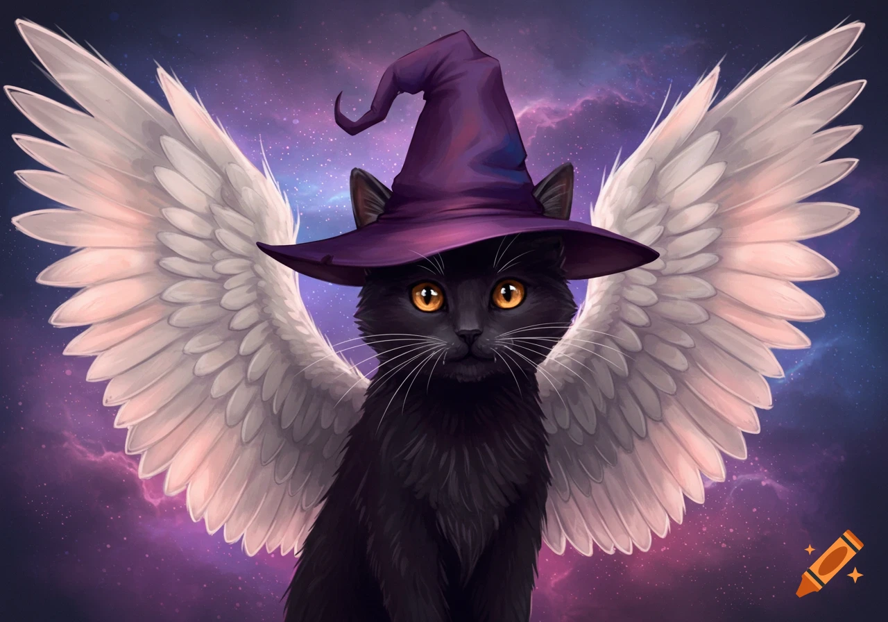A whimsical black cat with orange eyes wears a purple wizard hat and ...