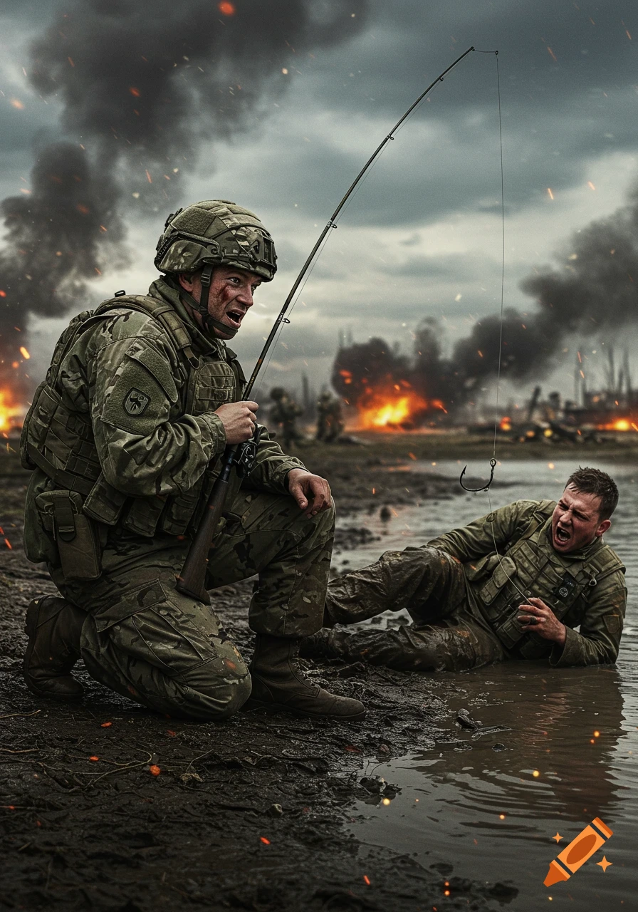 A soldier in full combat gear kneels on muddy ground, holding a fishing ...