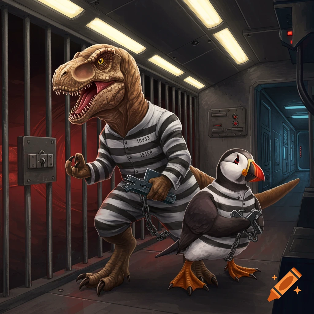 A T-rex and a puffin in striped prisoner outfits, chained together ...