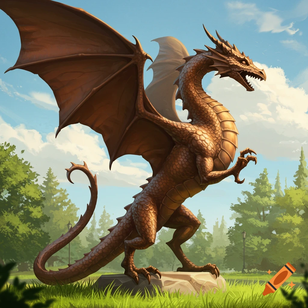 A bronze dragon statue stands majestically in a sunny park with green ...
