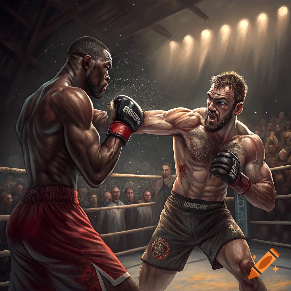 Two muscular boxers fighting in a ring, one black and one white ...