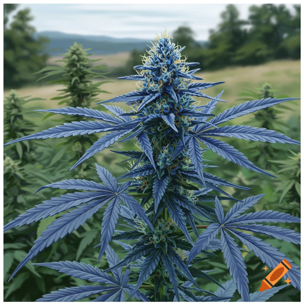 A close-up of a vibrant blue cannabis plant with a large central bud ...