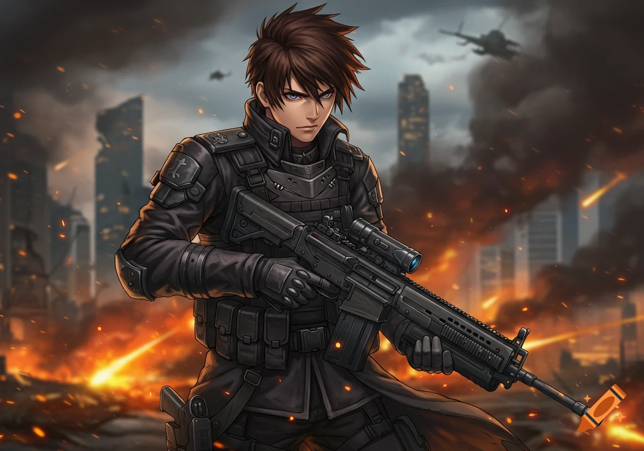 An anime-style male soldier in a tactical suit holds a rifle amidst a ...