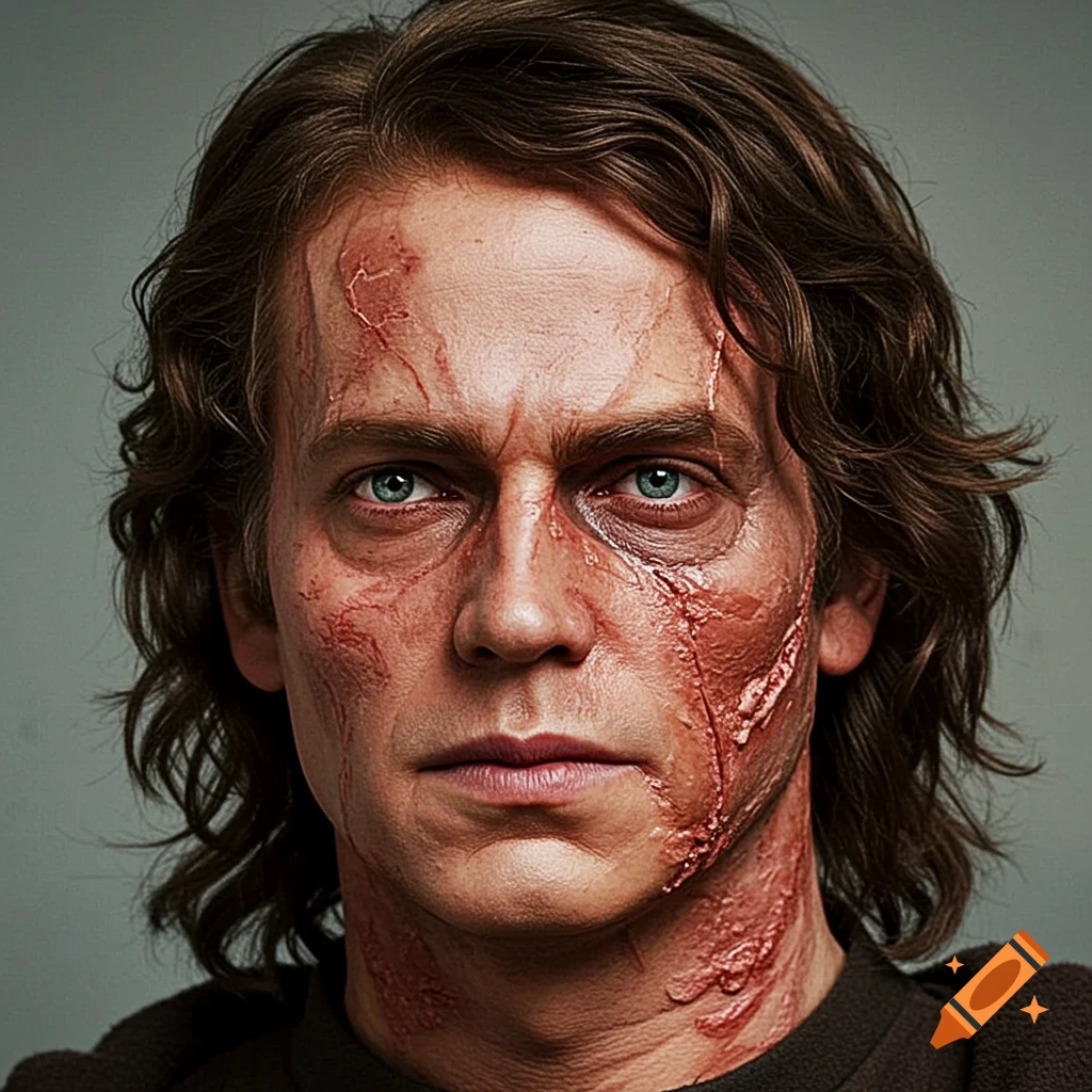 A close-up portrait of Anakin Skywalker with severe burn scars on his ...