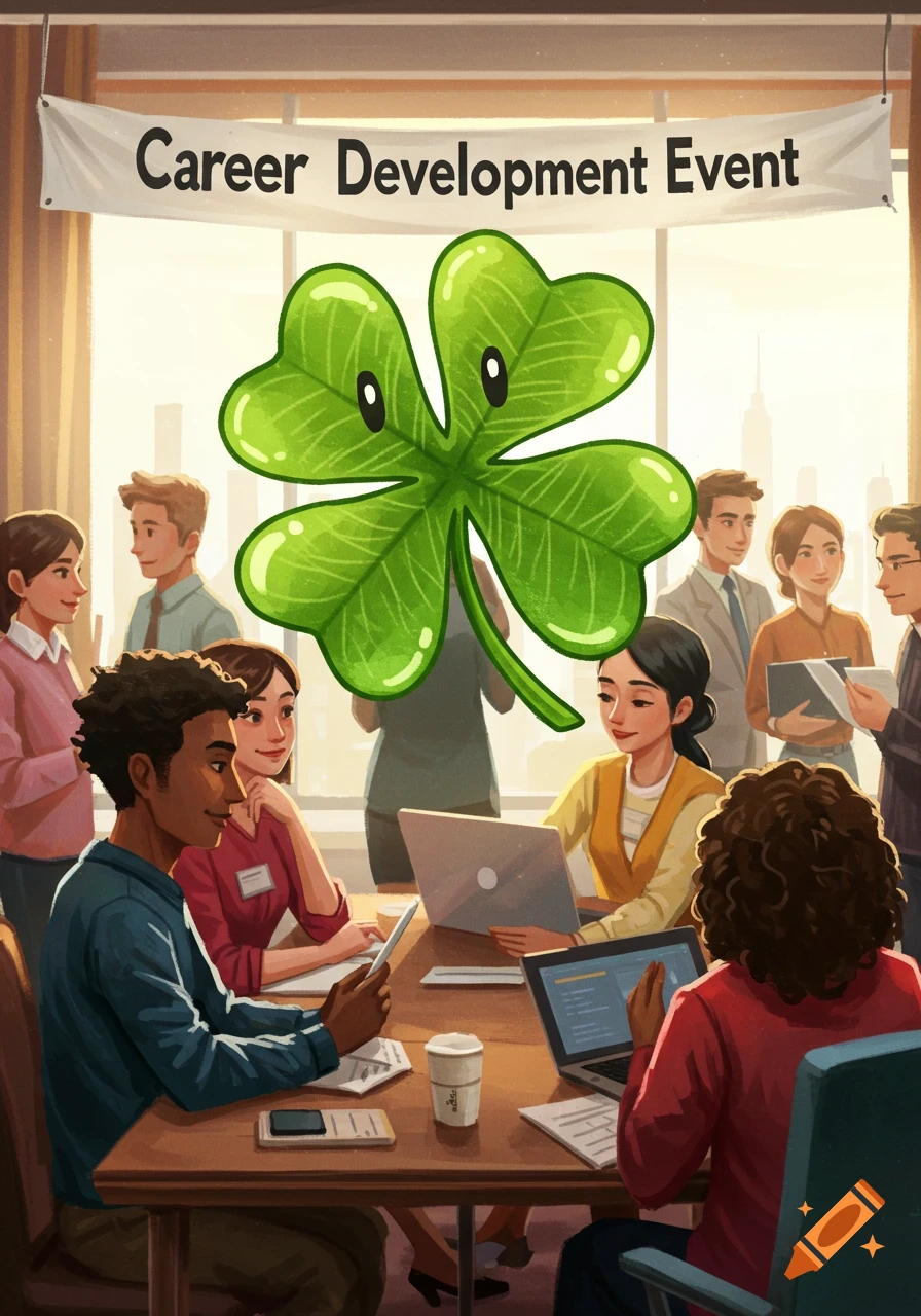 Cartoon illustration of a career development event with people networking and a large four-leaf ...